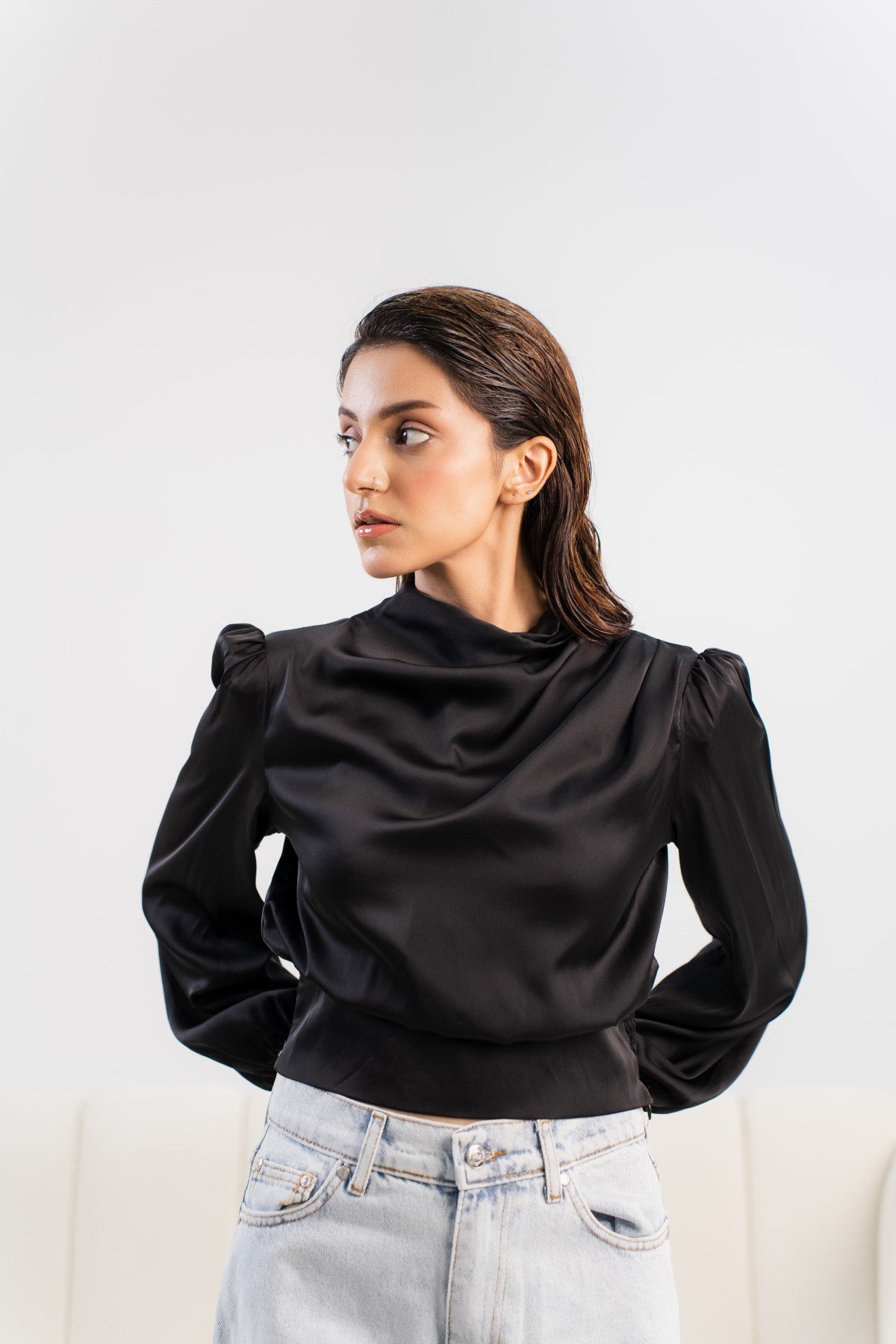 Missus Cowl Neck And Padded Shoulder Top - Licci
